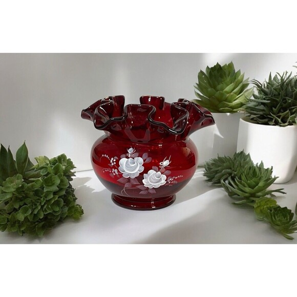 Fenton | Accents | Vintage Fenton Glass Ruffled Rose Bowl Vase Ruby Red ...